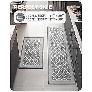 Color G Kitchen Rugs Mats Sets of 2, Non Skid Washable Kitchen Runner Rug for Floor, Front of Sink, Laundry Room, Non Slip Absorbent Rug and Mat Set, 17"x29"+17"x59", Grey