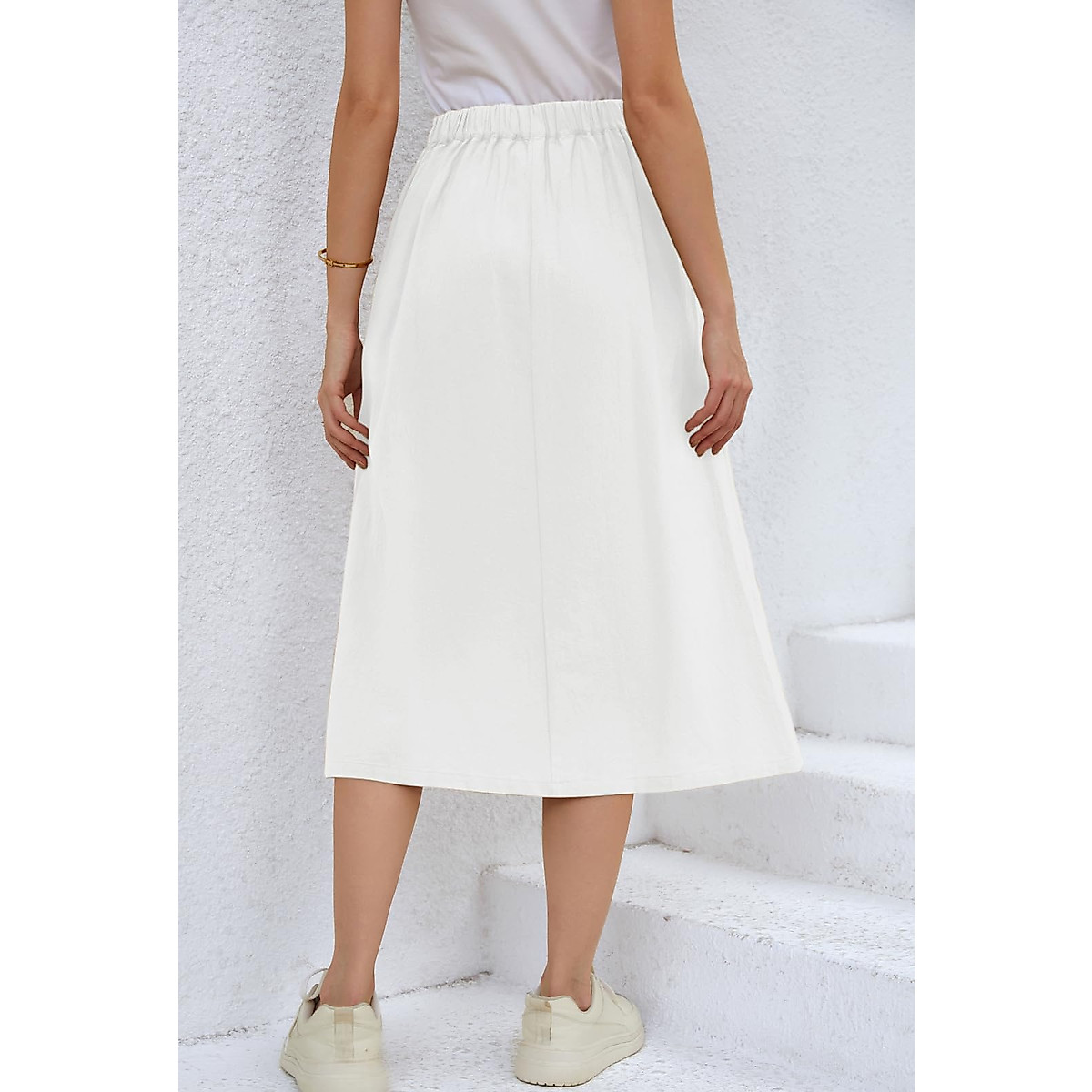 CHARTOU Women's Summer Linen Elastic Back Buttoned Swing Midi A Line Skirt (Large,White)