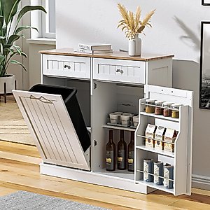 AHB 13 Gallon Tilt Out Trash Bin Cabinet with 2 Drawers, Adjustable Shelves,Kitchen Storage Cabinet with Garbage Bin Tilt Out Laundry Hamper for Kitchen, White
