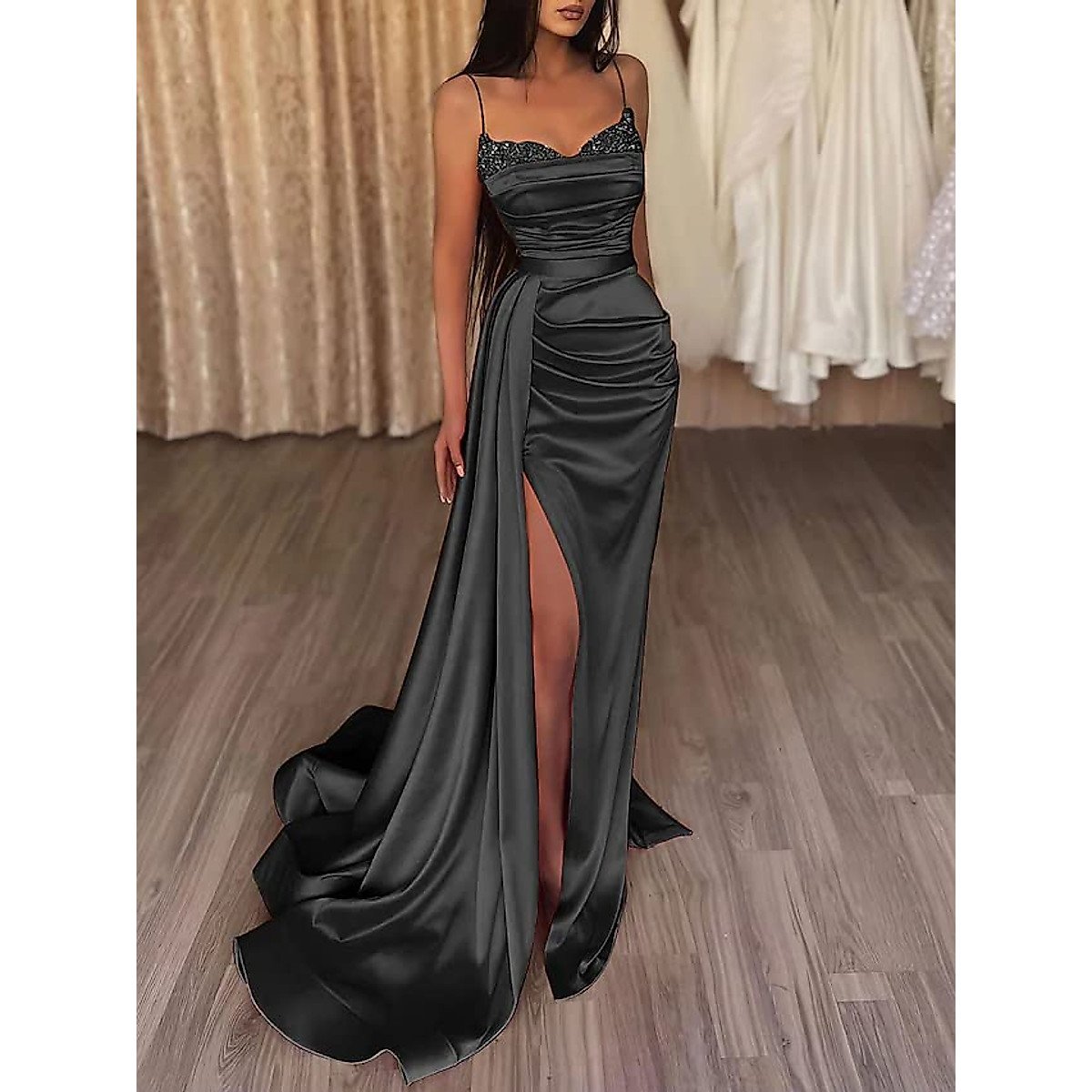 Princess Glitter Prom Dresses for Women with Train Mermaid Sequin Ruffled Satin Evening Formal Gowns Wisteria Size 8