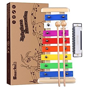 Smarkids Wooden Xylophone for Kids & Harmonica Set - Professional Kids Musical Instruments Set Percussion Instruments with Mallets Award Winning Preschool Learning Musical Toys Birthday Gifts