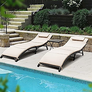 Homall 3 Pieces Patio Chaise Lounge Chair Sets Outdoor Beach Pool PE Rattan Reclining Chair with Folding Table and Cushion (Beige)