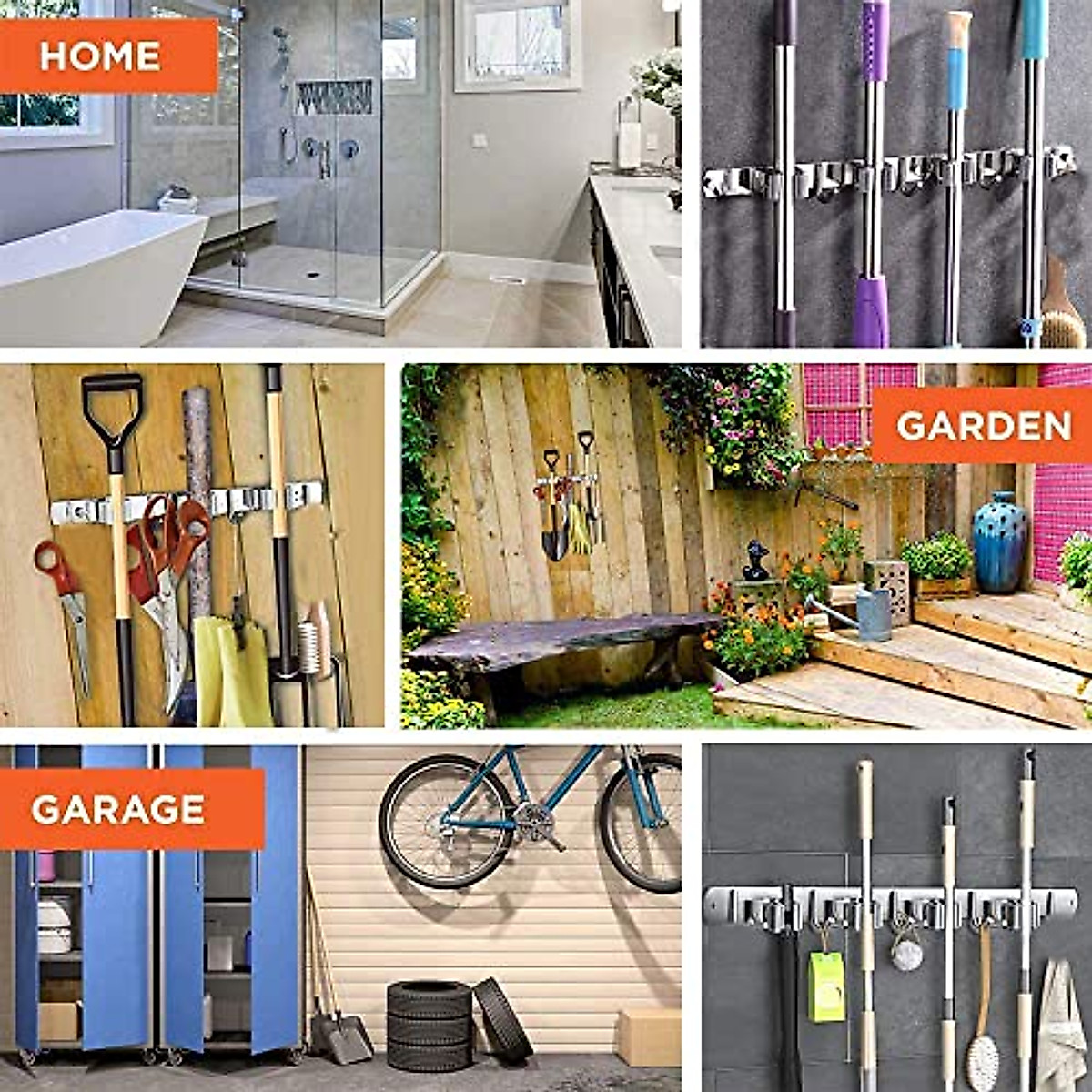 Bosszi Mop and Broom Holder, 3 Positions 4 Hooks Heavy Duty Hanger Wall Mounted Stainless Steel Organizer for Holders, Home Laundry Bathroom, Garage Storage System Utility Tools Rack Storage, Grey