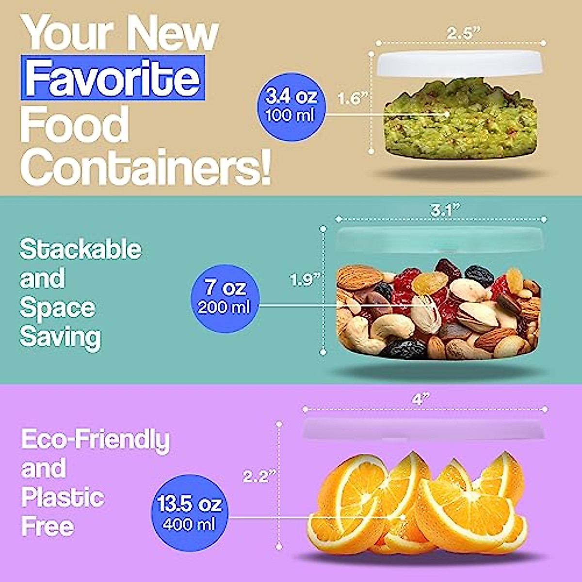 Stainless Steel Snack Containers, Fruit Containers For Lunch , Lunch Containers with Lid , Stainless Steel Containers With Lids , 3.4oz, 7oz, 13.5oz Set of 3 , Condiment Containers With Lids