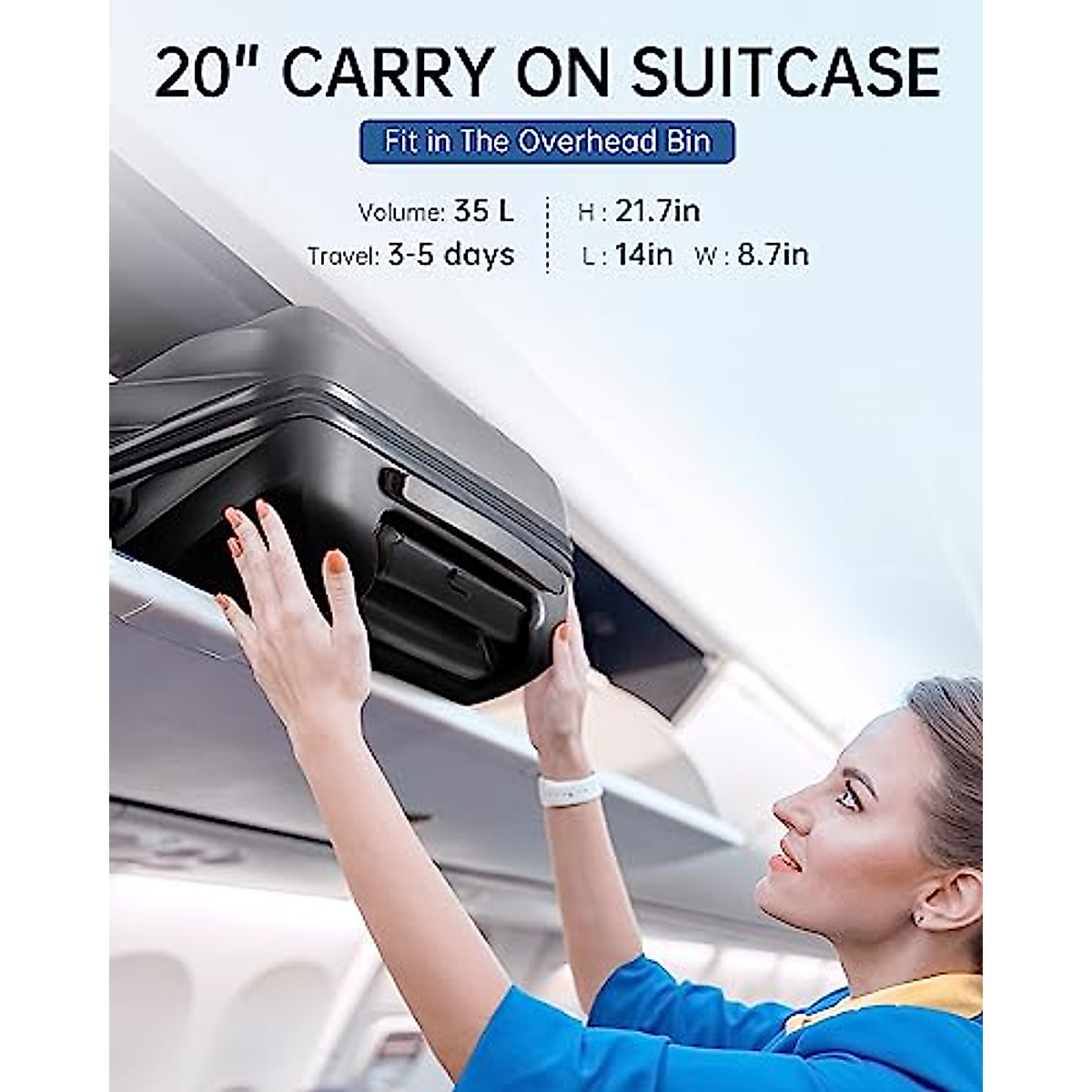 BAGSMART Carry On Luggage, PC Hardside Suitcase Airline Approved, 20 Inch Carryon Luggage with Spinner Wheels, Travel, Hard Shell Lightweight Rolling Suitcases for Men Women,Black