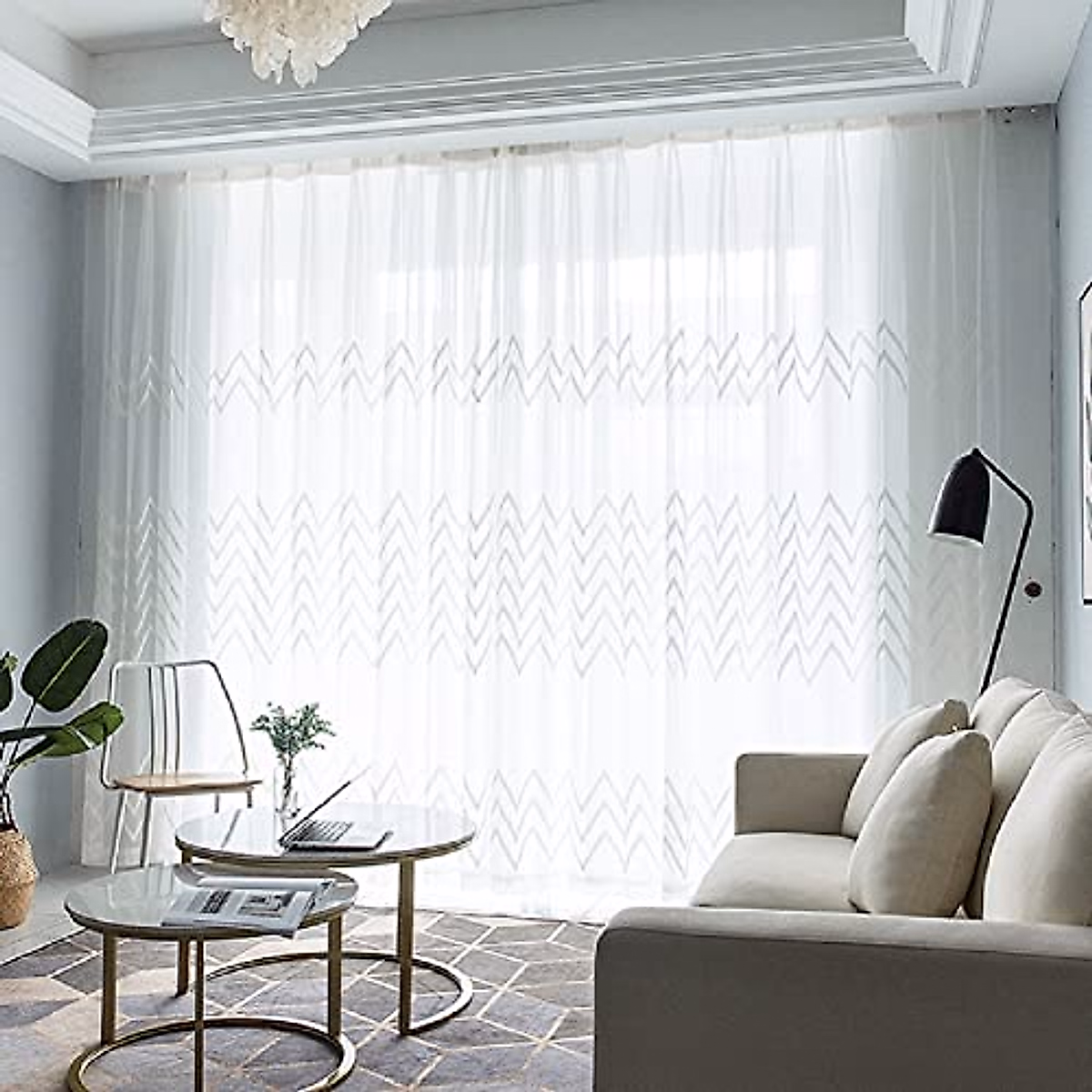 Iuokuby Nordic Sheer Curtains Semi Voile Rod Pocket Style Zig Zag Embroidery High Grade Gauze Drapes for Living Room Bedroom