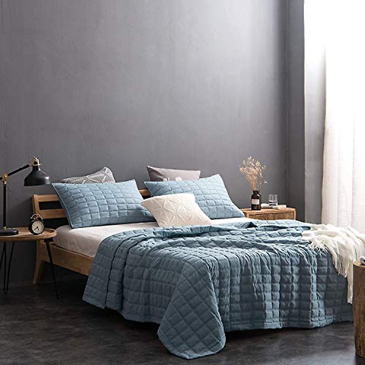 Kasentex Quilt-Bedding-Coverlet-Blanket-Set, Machine Washable, Ultra Soft, Lightweight, Stone-Washed, Detailed Stitching-Solid Color, Single/Twin + 2 Shams, Grey Blue