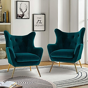 HULALA HOME Velvet Accent Chair, Set of 2 Modern Wingback Armchair with Metal Gold Legs, Tufted Upholstered Tall Back Side Chair for Living Room Bedroom, Home Office Reading Chair, Teal