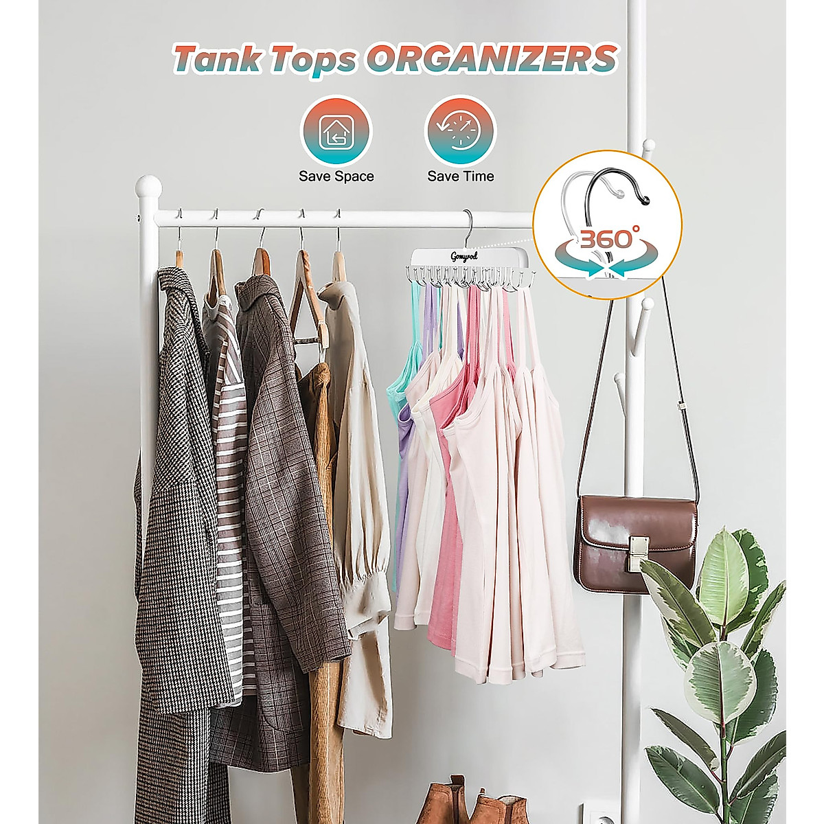 Bra Hanger for Closet, 2 Pack Tank Top Hanger w/20 Hooks Capacity Foldable Wood Space Saving Hangers, 360°Rotating Closet Organizers and Storage for Dorm & Apartment for Bra Scarf Ties(White)