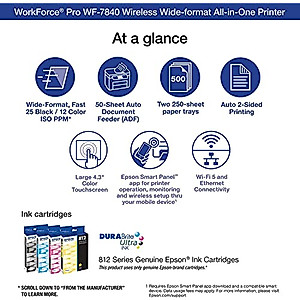 Epson Workforce Pro WF-7840 Wide-Format All-in-One Wireless Color Inkjet Printer, Black - Print Scan Copy Fax - 4.3" LCD, 25 ppm, 4800x2400 dpi, 13"x19", 50-Sheet ADF, Auto 2-Sided Printing, Ethernet