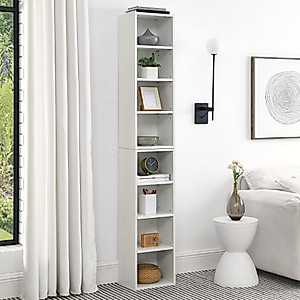 SEHAONOHOME 8-Tier Media Tower Rack, CD DVD Slim Storage Cabinet with Adjustable Shelves, Multi Functional Tall Narrow Bookcase Display Bookshelf for Home Office, White