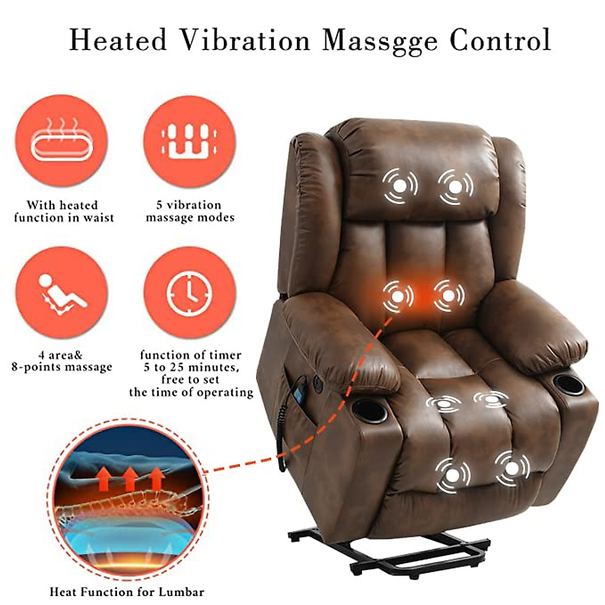 COOSLEEP Large Power Lift Recliner Chair with Massage and Heat for Elderly, Overstuffed Wide Recliners, Breathable Leather with Breathable microporous, USB Ports, 2 Cup Holders (Light Brown)