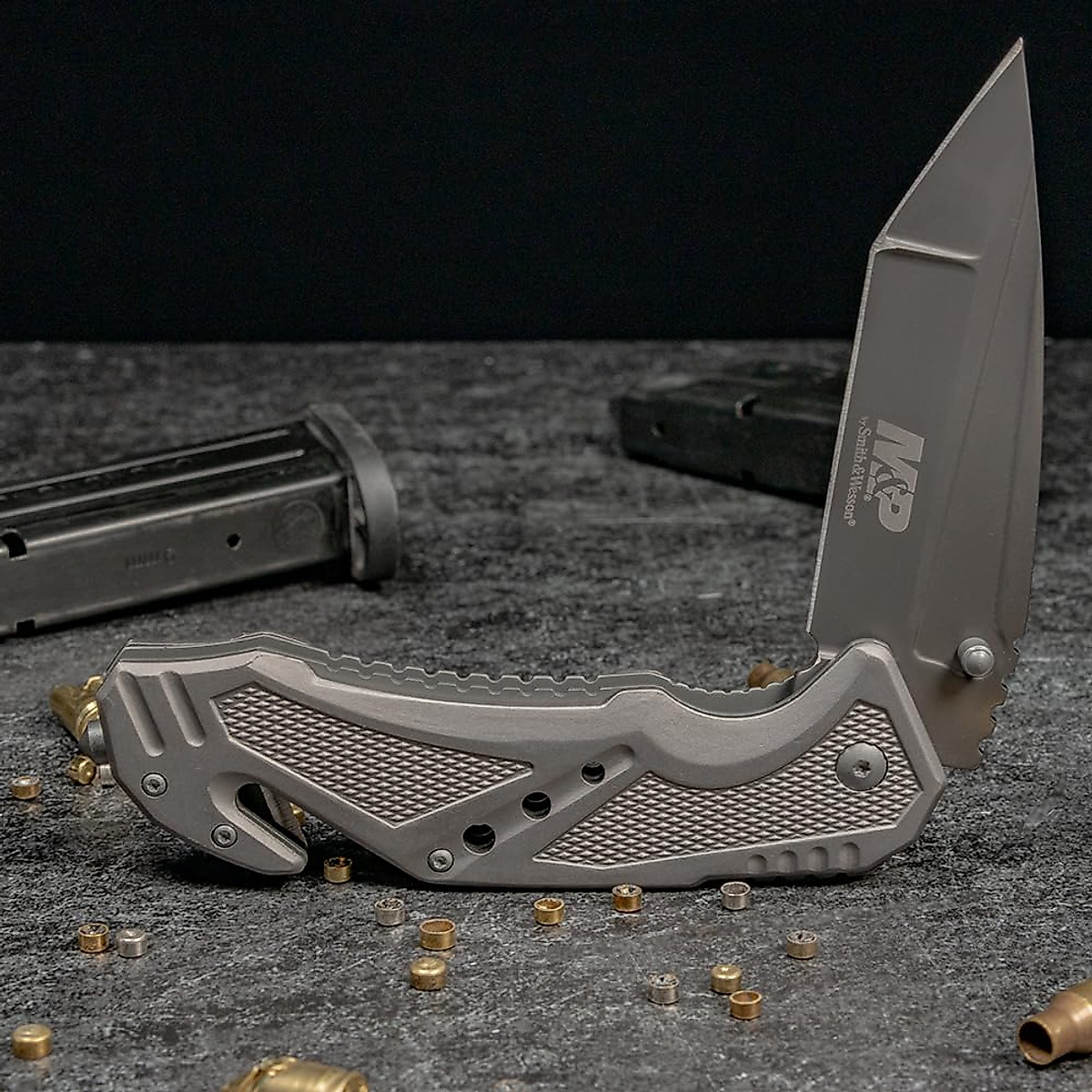 Smith & Wesson M&P SWMP11G 8.9in High Carbon S.S. Folding Knife with 3.8in Tanto Point Blade and Aluminum Handle for Outdoor, Tactical, Survival and EDC,Grey