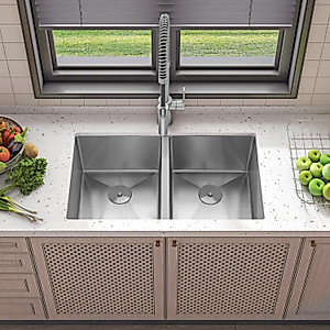 Sinber 32" x 19" x 10" Undermount Double Bowl Kitchen Sink with 18 Gauge 304 Stainless Steel Satin Finish HU3219D (Sink Only)