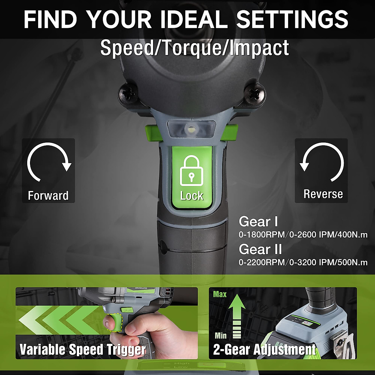 WORKPRO Cordless Impact Wrench 1/2 inch, 20V Brushless Impact Gun, High Torque 370 Ft-Lbs (500N.M), Variable Speeds, with 4.0 Ah Battery, Fast Charger, 4 Impact Sockets and Storage Case