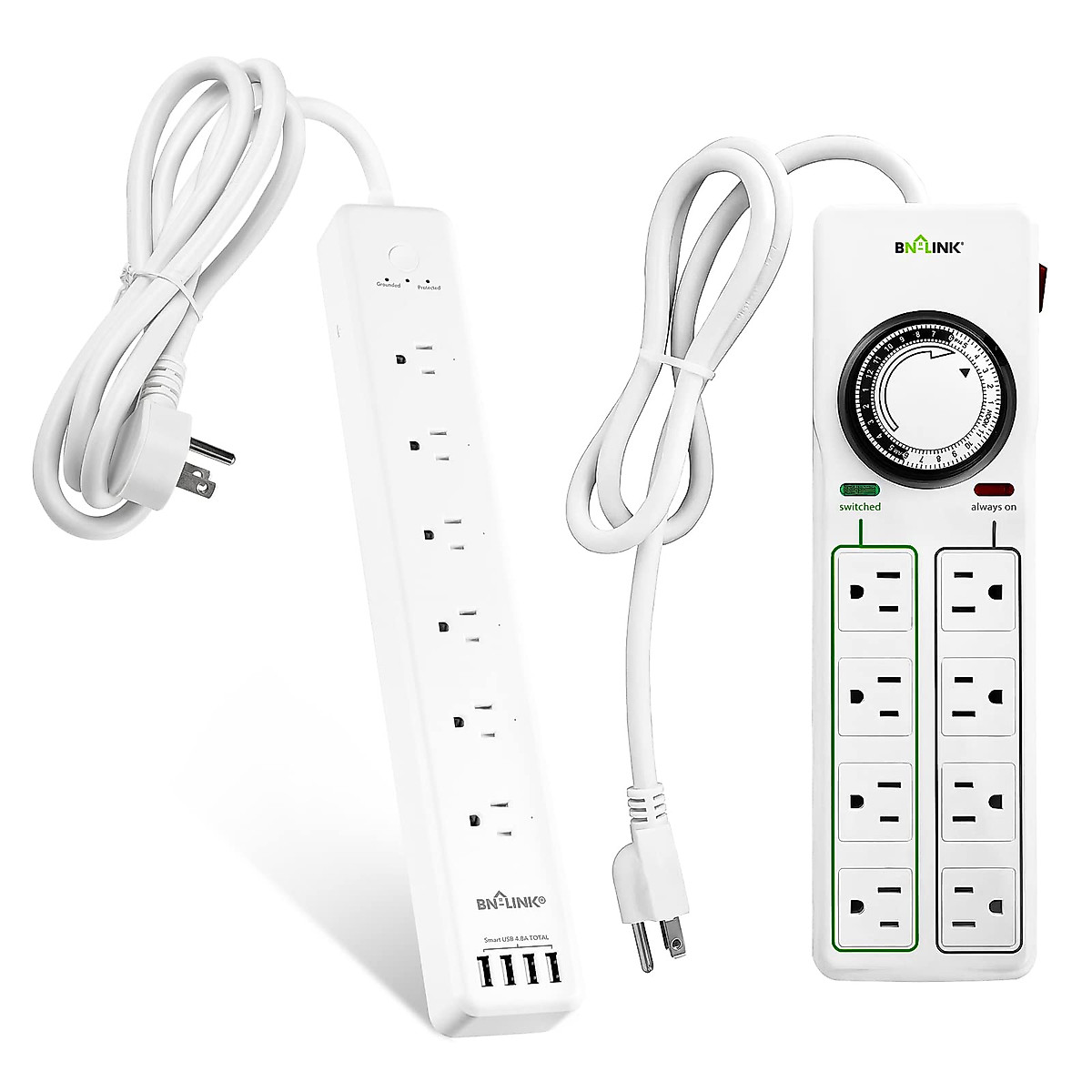 BN-LINK 8 Outlet Surge Protector with Mechanical Timer (4 Outlets Timed, 4 Outlets Always On),6.6FT Extension Cord Flat Plug, White Surge Protector Power Strip with 6AC Outlets 4 USB Ports
