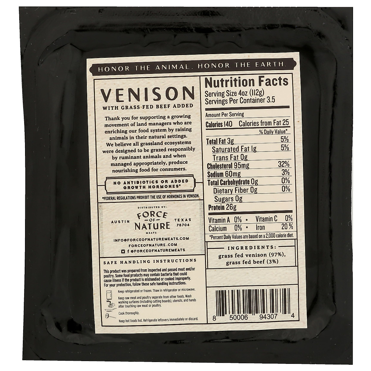 Force Of Nature Meats 100% Grass Fed, Pastured Venison Grind, 14 oz