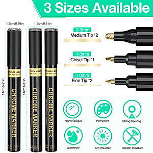 KERIFI Liquid Gold Chrome Markers, Supper Golden Metallic Paint Pens, Reflective Gloss Permanent Mirror Markers for Model Repairing, Resin Metal Glass Plastic, DIY Art Projects Crafts (5 Pack, 1-3mm)