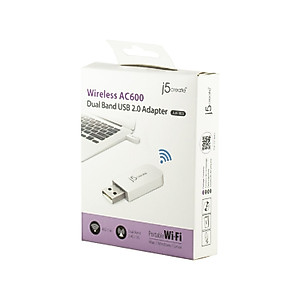 j5create Wireless AC600 Dual Band USB 2.0 Adapter- USB 2.0 | 20MHz/40MHz/80MHz Bandwidth | IEEE 802.11ac | 64/128 bit WEP | 2.4G Band and 5G | Compatible with Windows, Mac, and Linux
