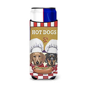 Caroline's Treasures PPP3083MUK Dachshund Hot Dog Stand Ultra Hugger for Slim cans Can Cooler Sleeve Hugger Machine Washable Drink Sleeve Hugger Collapsible Insulator Beverage Insulated Holder