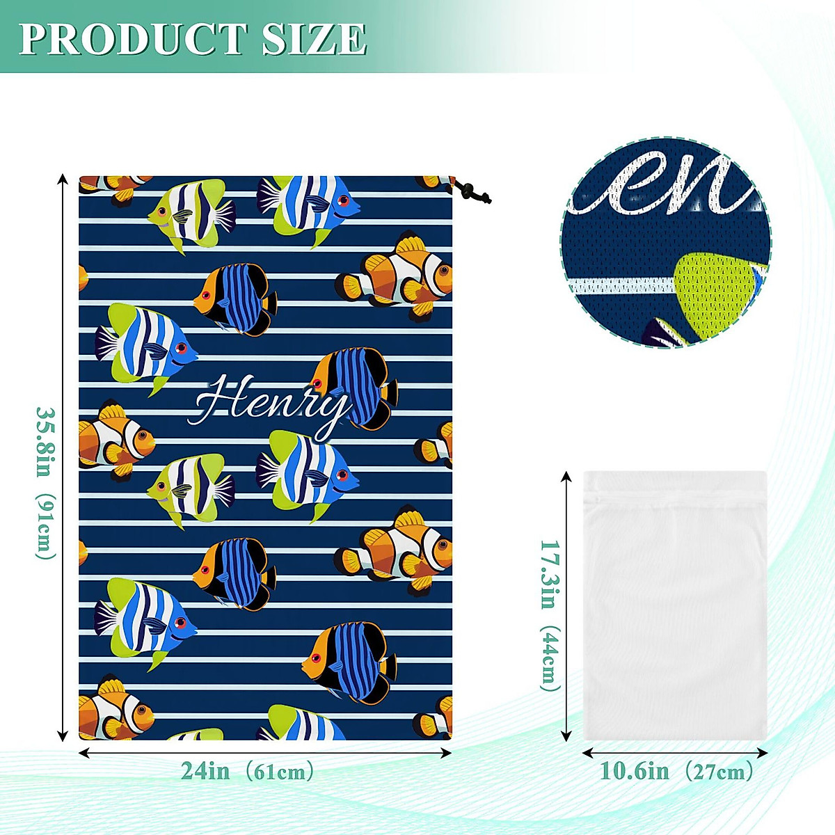 Fish Blue White Stripe Custom Name Laundry Bag with Drawstring Personalized Large Dirty Clothes Bag Organizer Fit Laundry Hamper Basket for Camp Traveling Home