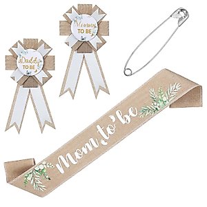 Neutral Sage Green Mom to Be Sash Baby Shower Decorations Dad to Be Pin, Rustic Boho Mommy to Be Sash Baby Shower Corsage Pin Set for Pregnant Mommy Gift Props Keepsake Gifts Party Decorations