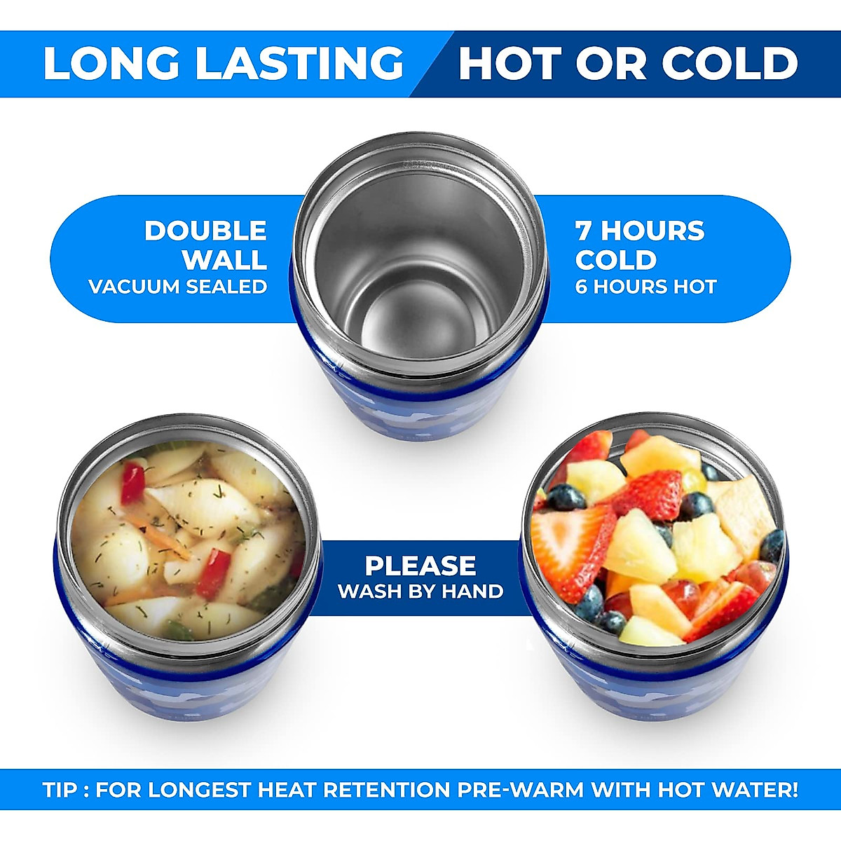 Thermos for Hot Food, Kids Lunch Insulated Stainless Steel Wide Mouth Jar, Boys Soup Container, Toddlers Day Care Pre-School, Leakproof Easy Grip Thermal Vacuum Seal 10 oz 300 ML Blue Orange Dinosaur