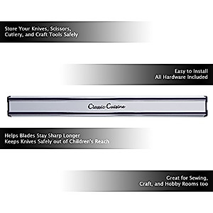 16 inch Magnetic Knife Storage Strip- Aluminum Bar with Heavy Duty Magnets- Space Saving Safe Storage Holder for Knives, Utensils by Classic Cuisine