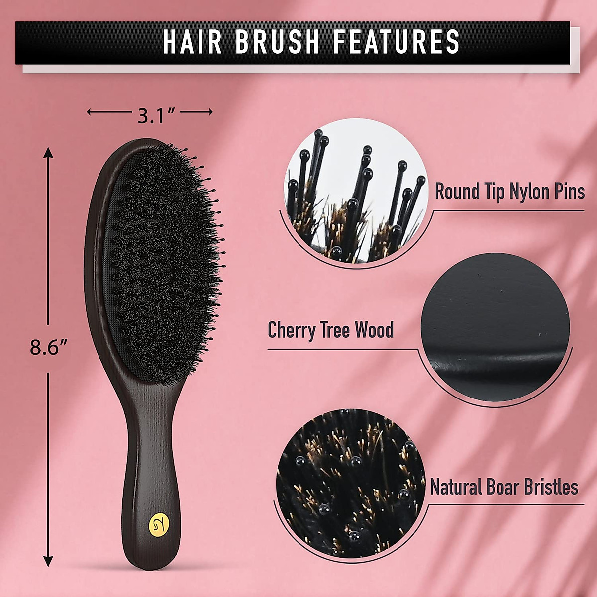 Hair Brush for Men and Women - Premium Boar Hairbrush with Detangling Nylon Pins for Optimally Getting Natural Oils Throughout All Hairs and Stimulating Scalp for Soft Hair - Stylist Recommend