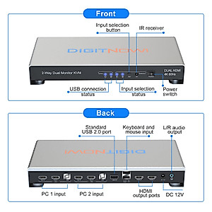 KVM Switch 2 Monitors 2 Computers, 4K@60Hz Dual Monitor KVM Switch HDMI 2 Port Extended Display, Audio & Microphone, EDID Emulators, Hotkey & Remote & Button Switch, with Input Cables