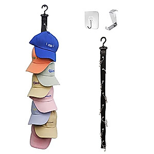 Veki Hat Rack for Closet Hat Organizer Holder Rack Over Door, Baseball Cap Racks for Wall with No Trace Hook Sticker and Z Hook Behind Door Set, 8 Large Clips for Ball Hats (Black*1pcs)