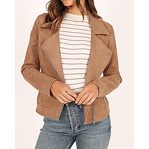 KIRUNDO Women's Trendy Stand Collar Faux Suede Jackets 2024 Fashion Solid Slim Moto Zipper Jacket Coats(Camel, Small)