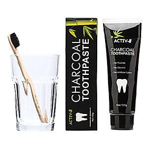 Activ-8 Activated Charcoal Toothpaste (100g) and Bamboo Toothbrush, Removes smoke and coffee stains, Vegan, Fluoride Free, Mint Flavour