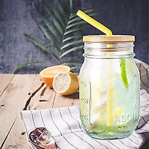 Nicunom 4 Pack Mason Jar Cups with Bamboo Lids, 16OZ Wide Mouth Smoothie Cups Mason Jar Drinking Glass Cups with Straw, Travel Tumbler for Bubble Tea, Smoothie, Juice, Iced Coffee
