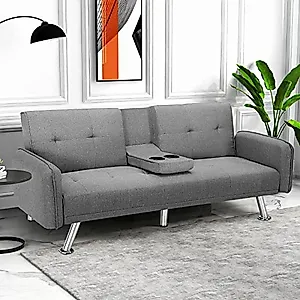 IULULU Futon Sofa Bed, Convertible Couch with 2 Cup Holders, Loveseat with Armrest for Studio, Apartment, Office, Living Room, Light Grey