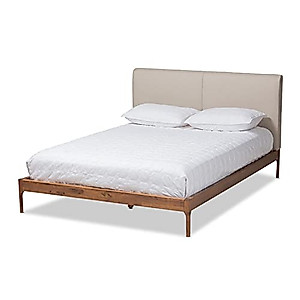 Baxton Studio Aveneil Mid-Century Modern Beige Fabric Upholstered Walnut Finished King Size Platform Bed