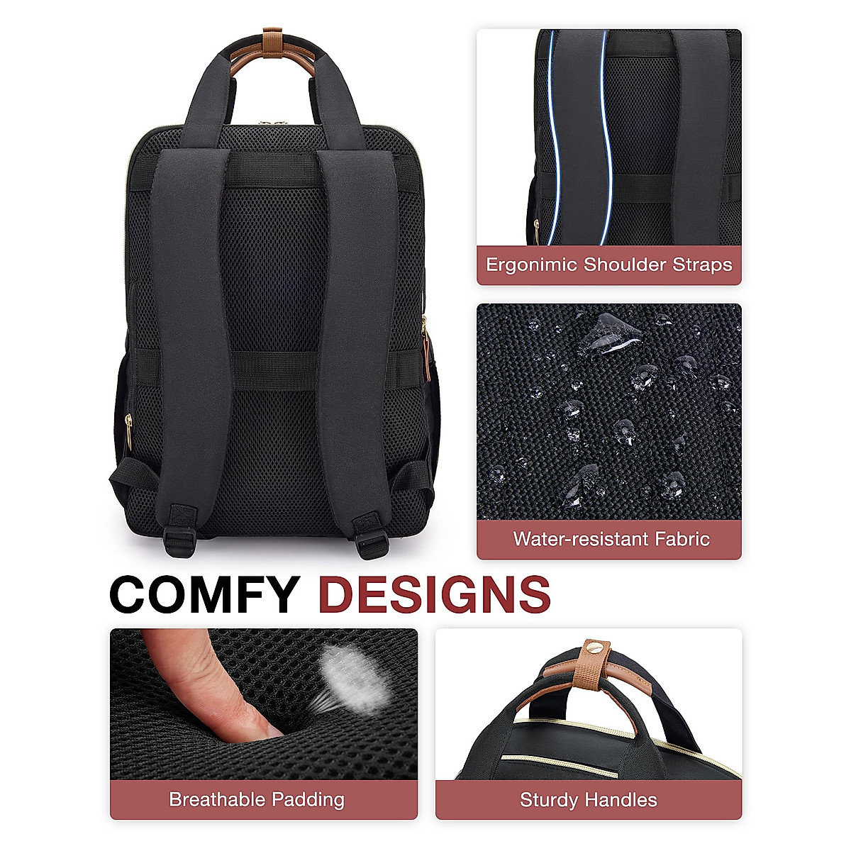 BAGSMART Travel Backpack for Women, 15.6 Inch Laptop Backpack, Teacher Backpack with USB Charging Hole, Casual Daypack College School Bookbags, Large Capacity Computer Backpacks for Business, Black