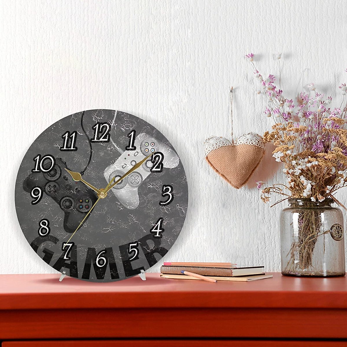 Two Realistic Game Joystick White and Black with a Text Gamer Wall Clock, Silent Non-Ticking Easy to Read Round Decorative Wall Clock with Gold Hands for Home Office School 9.5" in Diameter