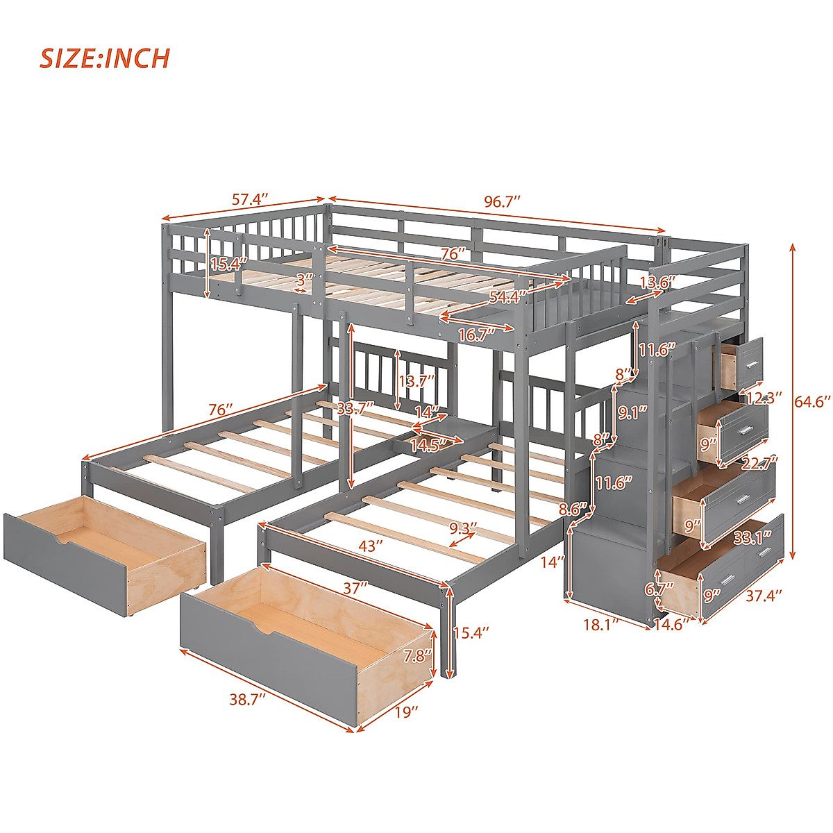 Harper & Bright Designs Triple Bunk Beds with Drawers, Wood Full Over Twin & Twin Bunk Bed with Storage Staircase, Triple Bed for Kids,3 Bed Bunk Beds with Storage for Girls Boys,Grey