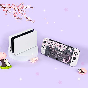 BelugaDesign Sakura Cat Glitter Case | Moon Heart Pink Cherry Blossom Japanese Anime Shell | Compatible with Nintendo Switch OLED | Dockable Crystal Protective Cover (Switch OLED, Clear Pink)