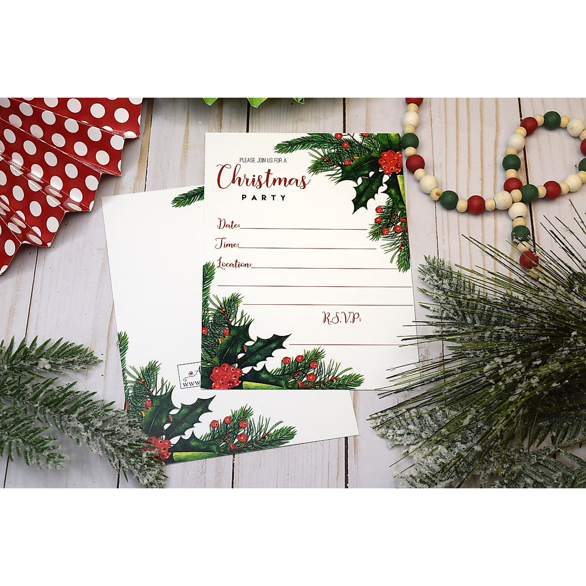 Watercolor Holly and Pine Christmas Holiday Party Invitations, 20 5"x7" Fill In Cards with Twenty White Envelopes by AmandaCreation