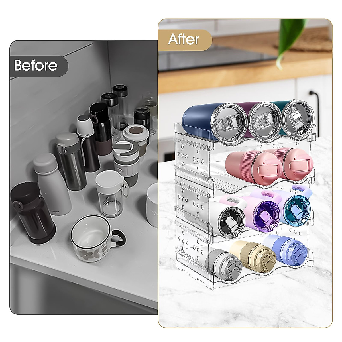 4 Tier Stackable Water Bottle Organizer Holder, Large Compartment Bottle Storage Rack for Stanley Tumbler, Clear Plastic Wine Rack/Drink Bottle Holder for Cabinet Organization and Storage