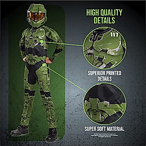 Halo Infinite Master Chief Costume, Kids Size Video Game Inspired Character Jumpsuit, Classic Child Size Large (10-12), Green & Black
