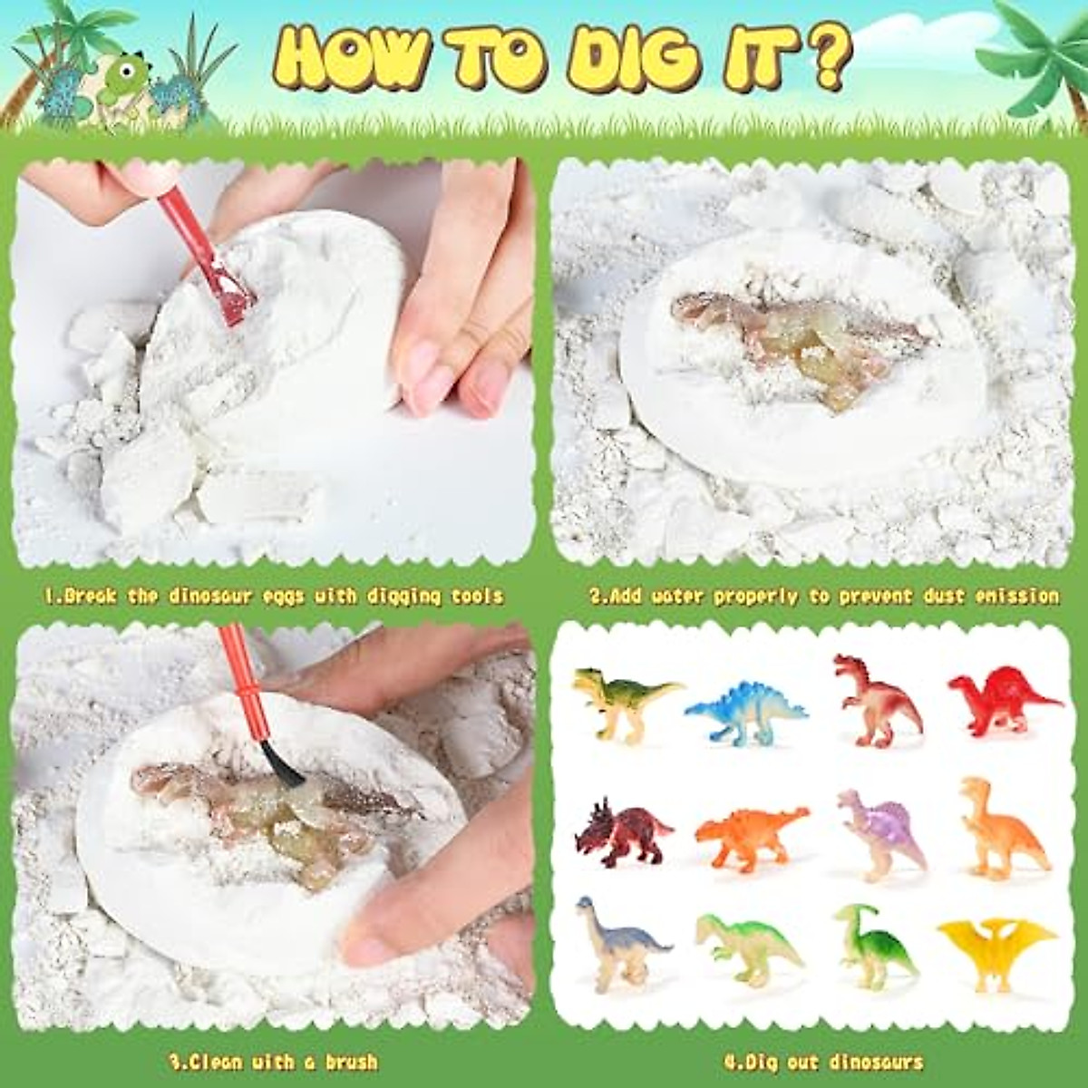 Dino Eggs Dig Kit, 12 Pack Dinosaur Eggs Excavation Set, Easter Gift Dinosaur Toys Science Experiments Kits with 12 Cards, Easter Basket Stuffers Toys for 3 4 5 6 7 8 9 10 11 Year Old Boys Girl