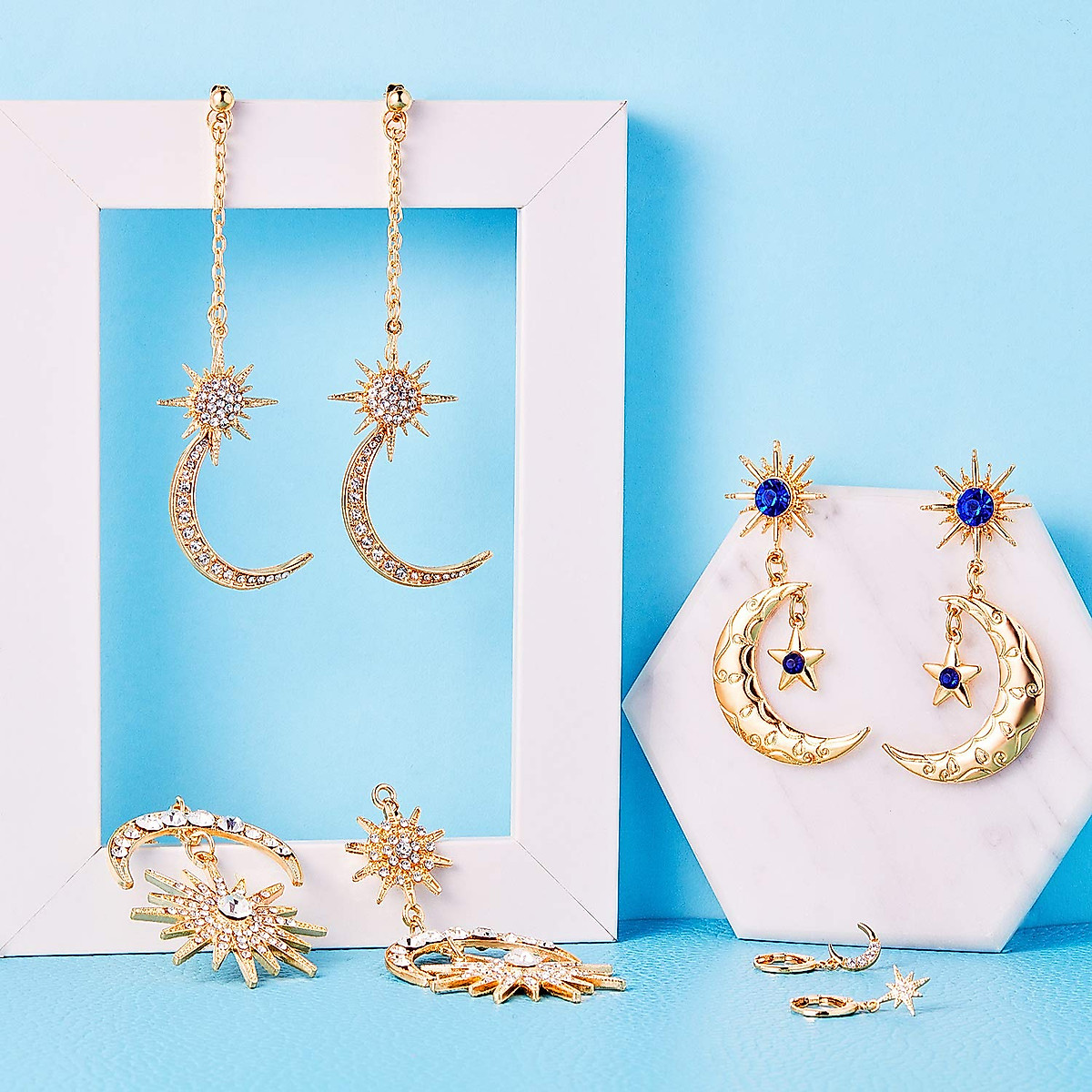 4 Pairs Moon Earrings Star Earrings Exaggerated Boho Earrings Retro Moon Dangle Drop Rhinestones Earrings Sun for Halloween Christmas Women Girls Gift