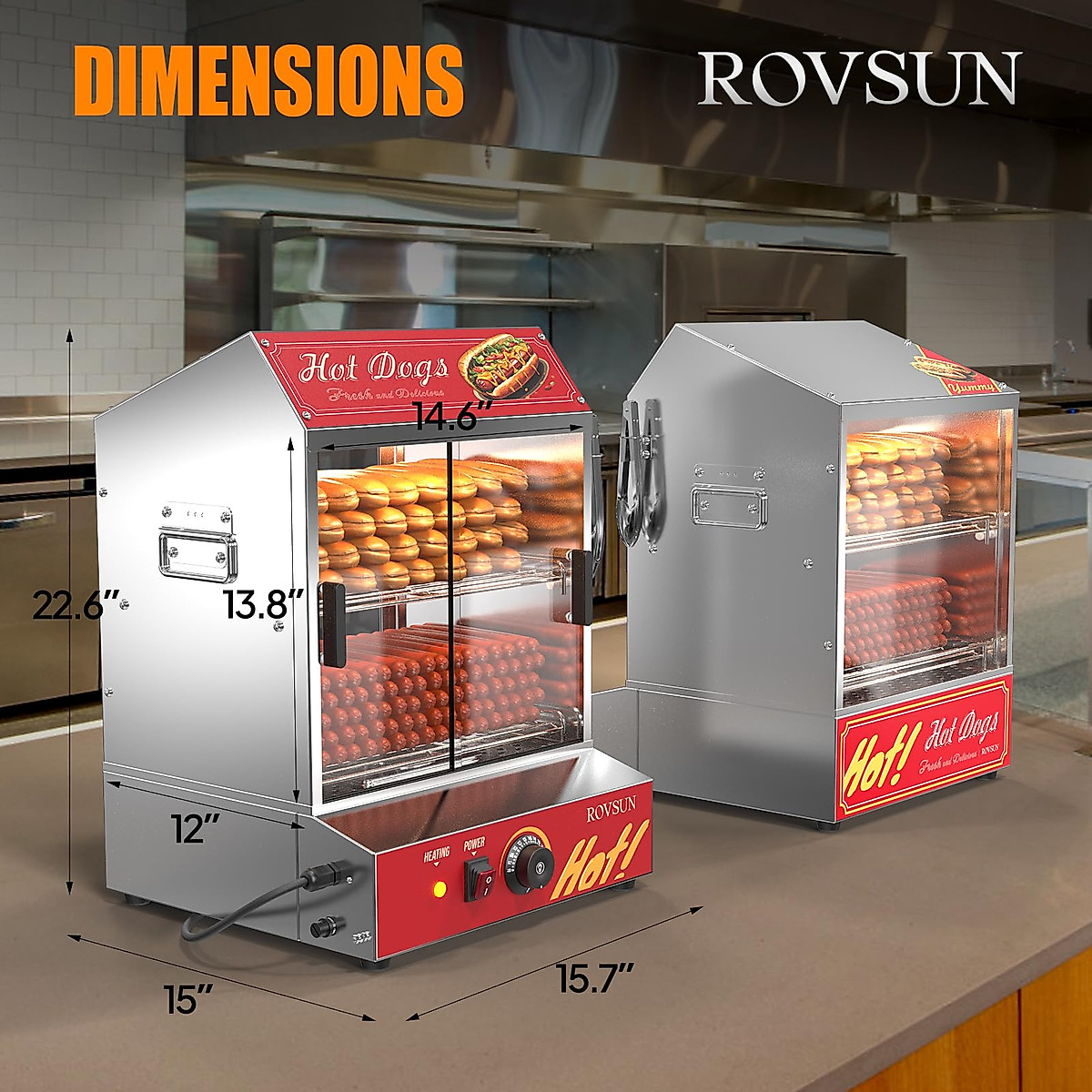 ROVSUN Hot Dog Steamer 235 Hot Dogs & 50 Buns Capacity, 42.3QT/40L Hut Steamer Hot Dog Steamer and Bun Warmer Cooker 2-Tier with Removable Shelves Food Clip for Party Event Concession Stand