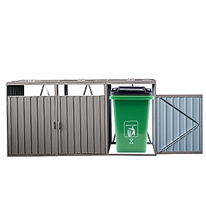 Garbage Bin Shed with Trash Cans, Galvanized Steel Outdoor Storage Trash Cans Yard Waste Container Cover with Lockable Doors for Garden Yard Lawn (Grey, 3 Trash Cans)
