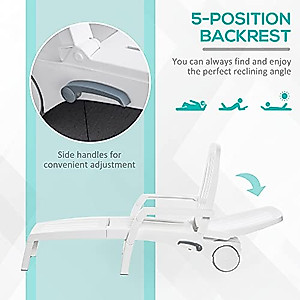 Outsunny Folding Chaise Lounge Chair on Wheels with Storage Box, Lightweight Plastic Sun Recliner with 5 Position Backrest for Beach & Pool, White
