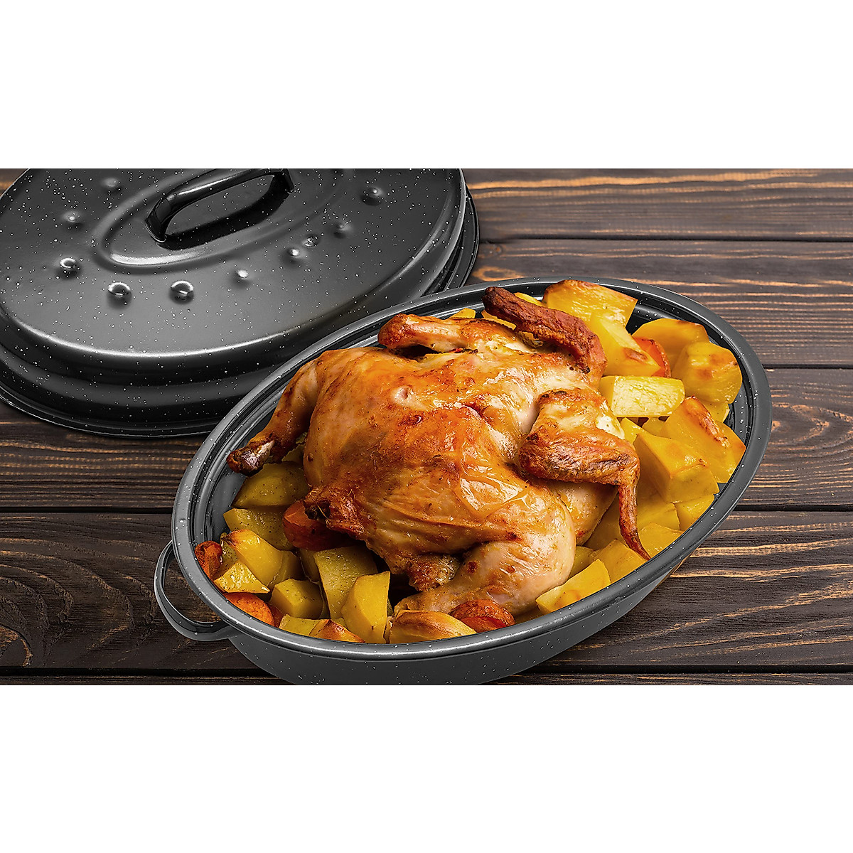 Eternal Living Granite Roasting Pans, Black (15" Oval Roaster Pan With Lid)