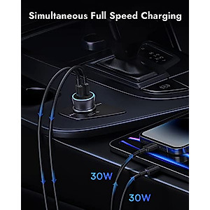 USB C Car Charger, Baseus 60W Car Phone Charger PD 30W & PD 30W Dual Port Fast Car Charger Adapter Compatible with iPhone 14 13 12 11 Pro Max, Samsung Galaxy S22/21/20 Note20/10, Pixel, Steam Deck